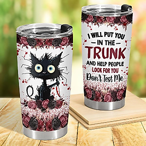 34HD Cat Gifts for Christmas, Crazy Cat Tumbler with Lid 20 oz Stainless Steel, I Will Put You Cat Mug, Horror Drinking Cup, Cat Gifts for Cat Lovers