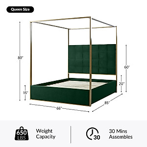HULALA HOME Modern Upholstered Canopy Queen Size Bed,Champagne Metal Bed Frame with Upholstered Headboard,Noise-Free,Green