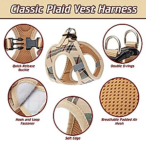 EXPAWLORER Classic Plaid Puppy Harness - Small Dog Collar and Leash - Soft Mesh Padded Adjustable Small Dog Vest Harness No Pull, Reflective Escape Proof for Outdoor Walking