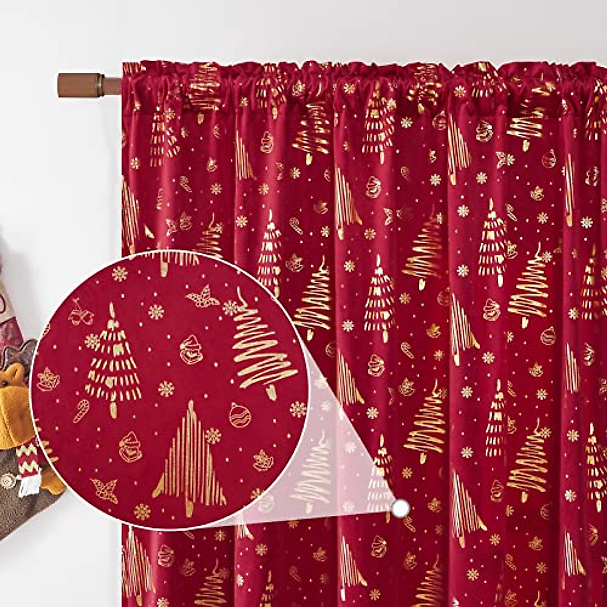Topfinel Red Foil Print Velvet Curtains for Living Room and Bedroom - Thermal Insulated Blackout Curtains, Noise Reducing Window Drapes,Christmas and Party Decorations 52 x 108 Inches Long, 2 Panels