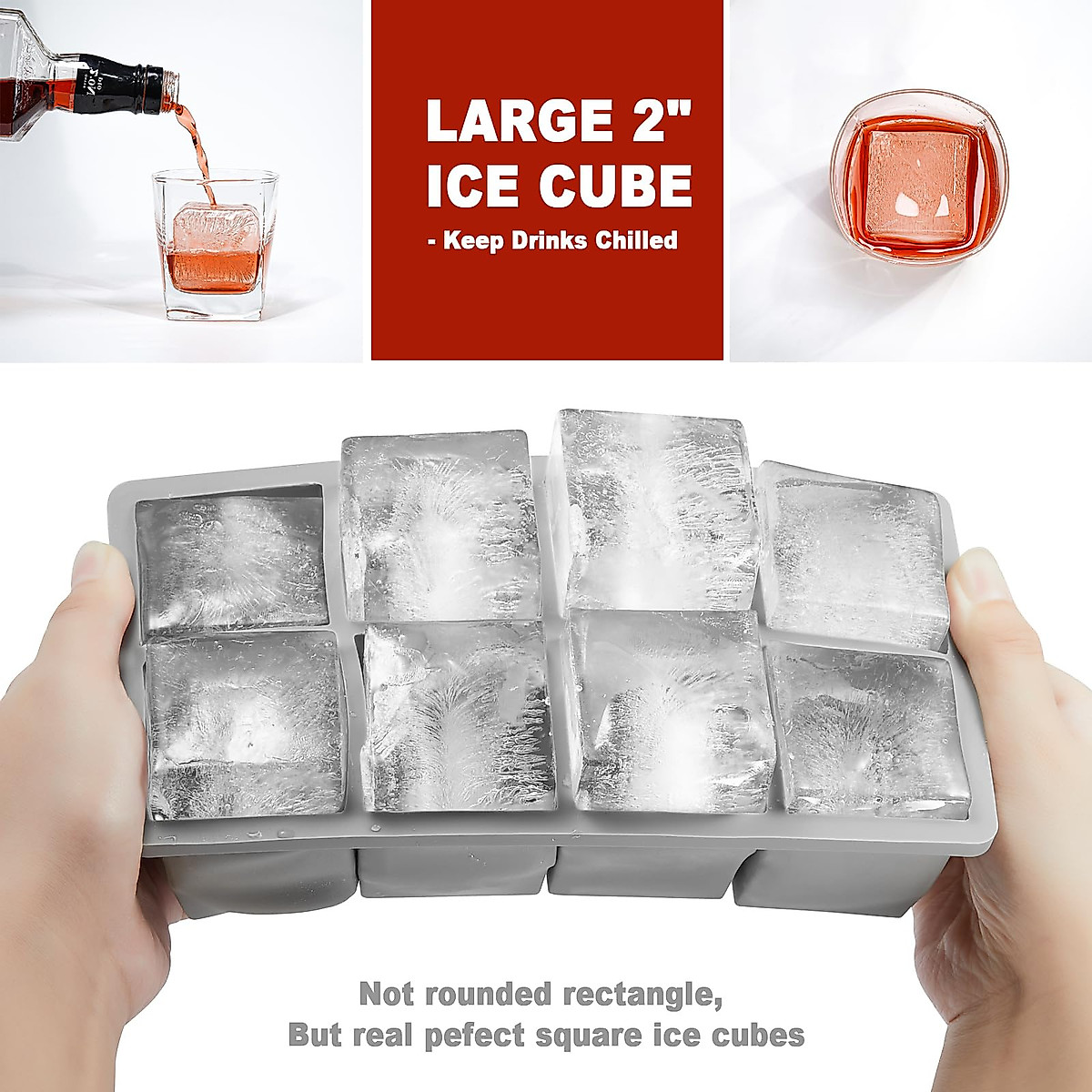 Nax Caki Silicone Ice Cube Tray with Lid 2 Pack (2024 New Version - Secured,Easy Release,Odor Free),Stackable Large Ice Cube Molds, 2" Square Whiskey Ice Cubes Mold for Bourbon,Cocktails,Frozen Treats