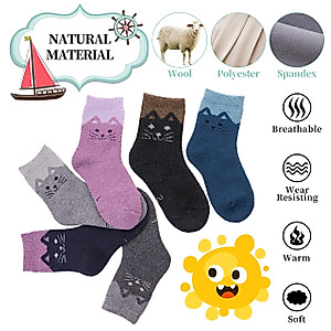 LANLEO Kids Wool Socks For Toddlers Boys Girls Hiking Winter Warm Cozy Thick Heavy Thermal Crew Boot Socks 6 Pairs Cat,8-12 Year Old