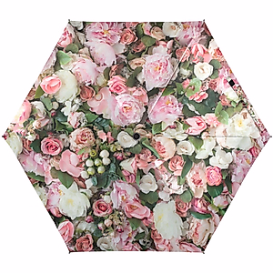ALAZA Pink Rose White Flowers Floral Folding Umbrella for Rain Sun Travel Mini Lightweight Compact Umbrellas
