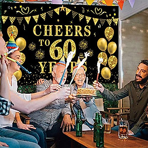 Trgowaul 60th Birthday/Anniversary/Wedding Decorations for Women Men, Cheers to 60 Years Banner, Black and Gold 60th Birthday Backdrop, 60 Bday Decorations Party Banner Photography Supplies Background