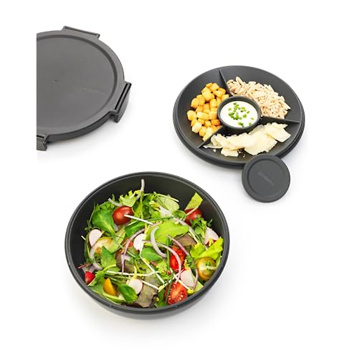 Brabantia Make & Take Salad Bowl with Removable Tray for Toppings & Dressings (Dark Gray) 100% Leakproof, Microwave & Freezer Safe Meal Prep Container