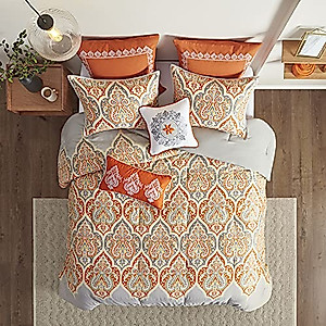 Madison Park Nisha Sateen Cotton Comforter Set, Breathable, Soft Cover, Trendy, All Season Down Alternative Cozy Bedding with Matching Shams, King/ California King, Orange 7 Piece