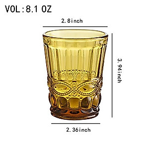 WHOLE HOUSEWARES | Amber Glassware Vintage-Pressed Pattern Set of 6 | 8 oz Embossed Design | Amber Drinking Glasses | For Weddings, Dinners, and Parties | Amber Glasses Drinking