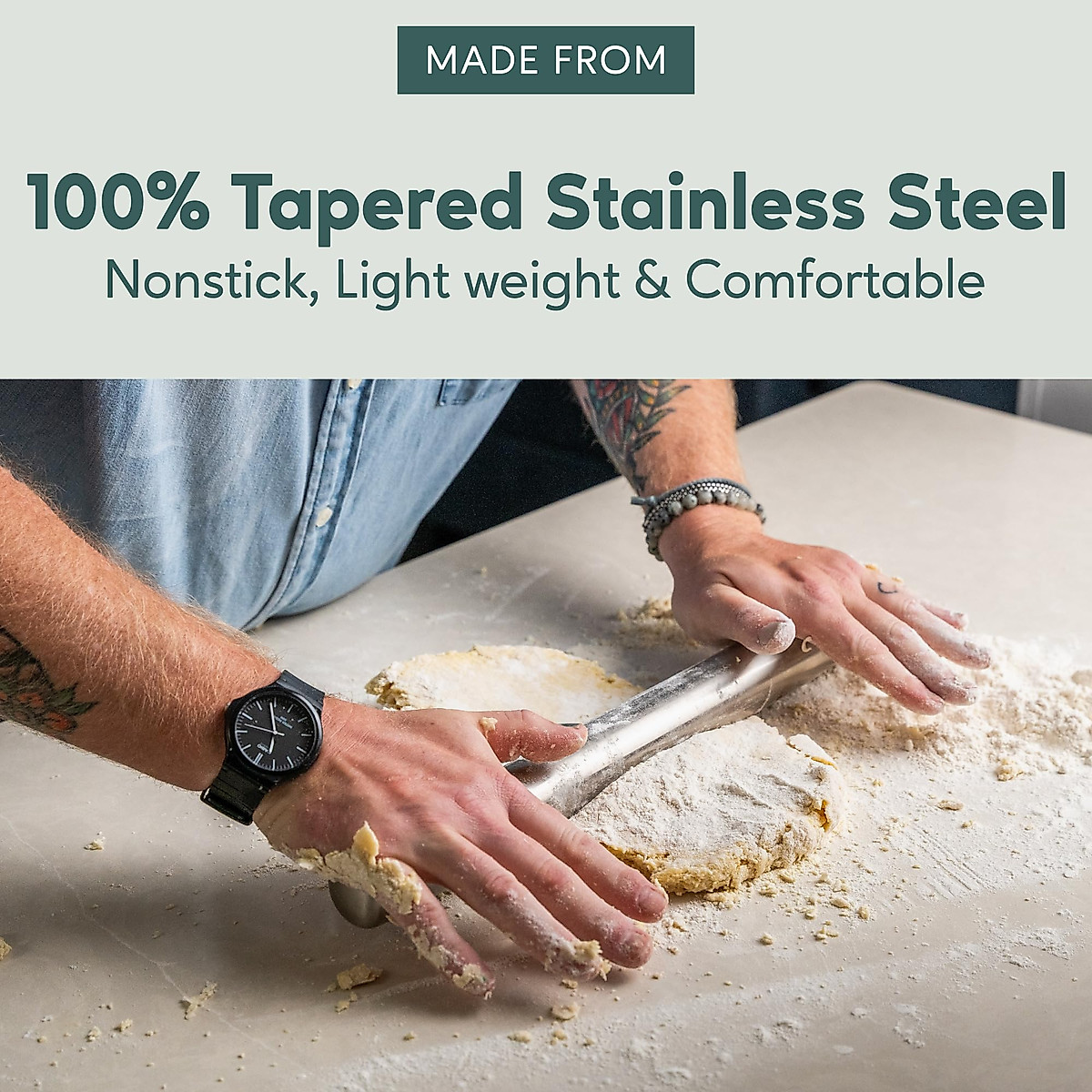 French Rolling Pin for Baking by Ultra Cuisine – Tapered Stainless Steel Design, Professional or Home Use with Pizza, Cookie, & Pastry Dough, or Fondant and Pie Crust –Dishwasher-Safe, Size 15.75 in