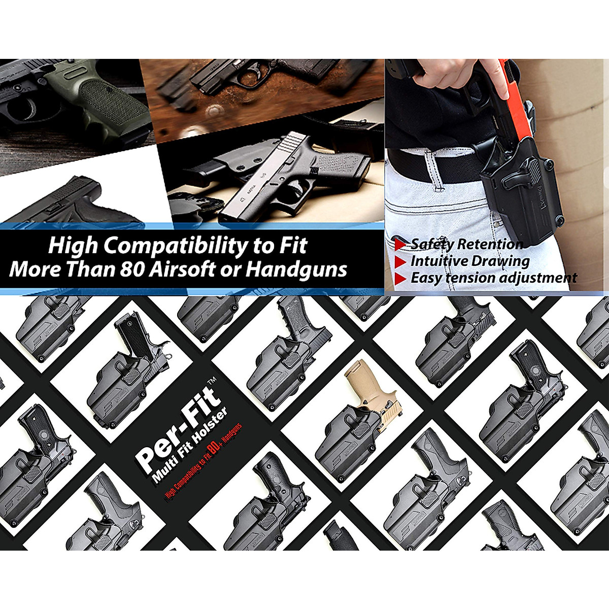 Multi-Fit Gun Holster Fits 80+ Pistols, OWB Tactical Holster for Glock/Sig Sauer/CZ/Ruger/Springfield/Beretta/S&W M&P/1911/Taurus/HK/CZ/Walther, 360° Adjustable Open Carry Holster - Right Handed