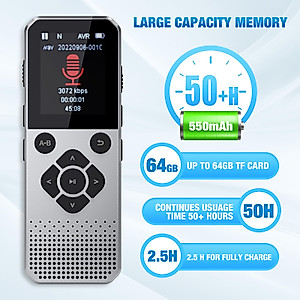 64GB Voice Recorder, Digital Voice Recorder with Bluetooth, Tape Recorder Up to 3072kbps Bit Rate, Voice Activated Recorder with Playback, Audio Recorder for Interview Meetings Lecture