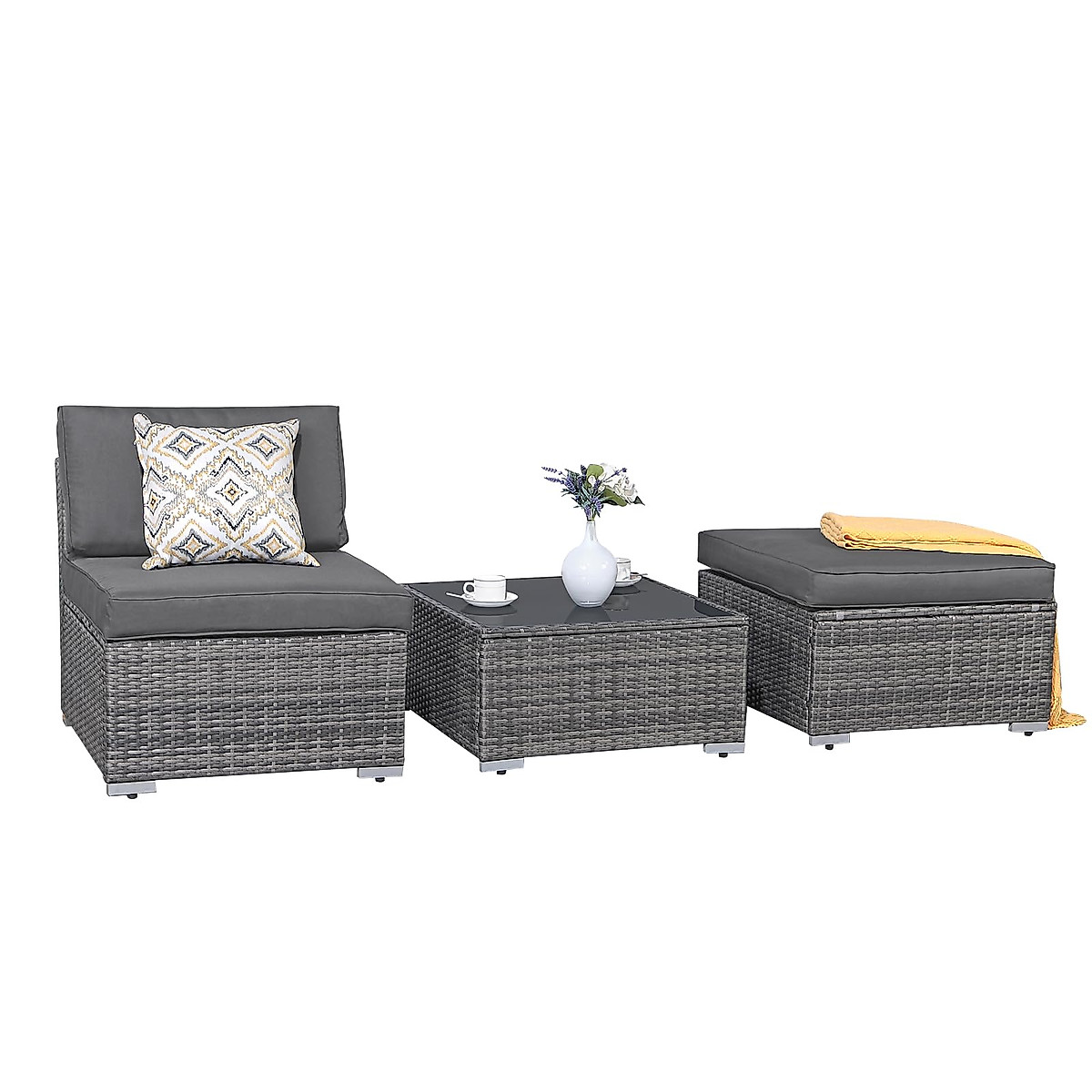 Patiorama 3-Piece Patio Furniture Set, Outdoor Sectional Sofa, All-Weather Grey PE Wicker Rattan Conversation Set, Outdoor Couch Loveseat Sofa w/Coffee Table for Deck Balcony Pool(Dark Grey Cushion)