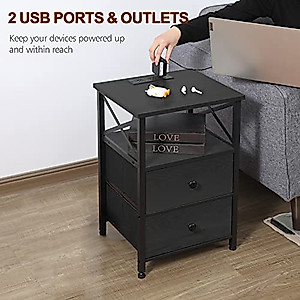 AMHANCIBLE Night Stand Set 2, Black Nightstand with Charging Station, End Tables Living Room with USB Ports and Outlets, Bed Side Tables Bedroom with Drawers HET05XBK