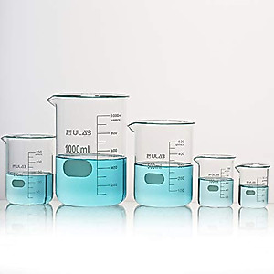 ULAB Scientific Glass Beaker Set with Magnetic Stir Bar Offered, 5 Sizes 50ml 100ml 250ml 500ml 1000ml, 3.3 Boro Griffin Low Form with Printed Graduation, UBG1002