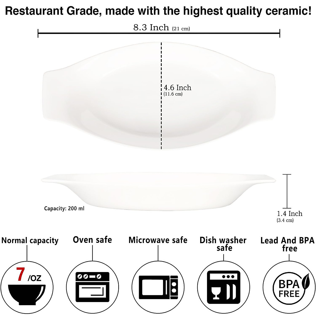 jinsongdafa Ceramic Oval Au Gratin Baking Dishes 7 oz, Set of 4 Banana Split Bowls, Oven and Microwave Safe, for 1 person servings, Bakeware with Double Handle for Kitchen and Home,8.3 Inch