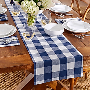 Elrene Home Fashions Farmhouse Living Buffalo-Check Table Runner, Rustic Kitchen and Table Linens, 13" x 70", Blue/White