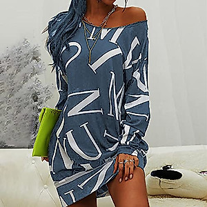 WYTong Women's Dresses Letters Printed Round Neck Dress Sweatshirt Long Sleeve Pullover Dresses(Blue,Small)
