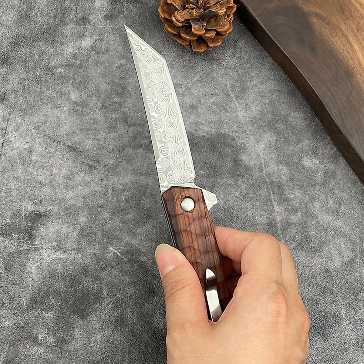 allvin R8406 Damascus Flipper Knife VG10 Damascus Steel Tanto Point Blade Rosewood with Steel Sheet Handle Outdoor Fishing EDC Pocket Knives