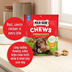Milk-Bone Chews GnawBones Rawhide Free Dog Treats, Chicken, 5 Long Lasting Small/Medium Knotted Bones