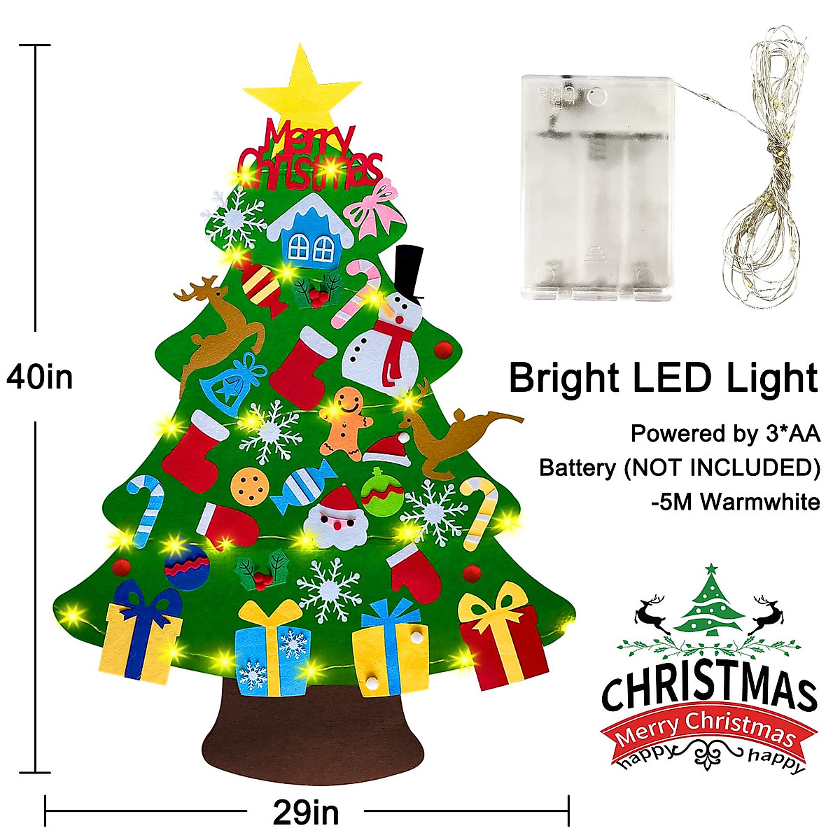 Nackiy 3.3ft DIY Lighted Felt Christmas Tree 36 Pcs Xmas Tree for Toddler Christmas Gift for kid Clearance Christmas Crafts for Kids Gift with String Light (Batteries Not Included)