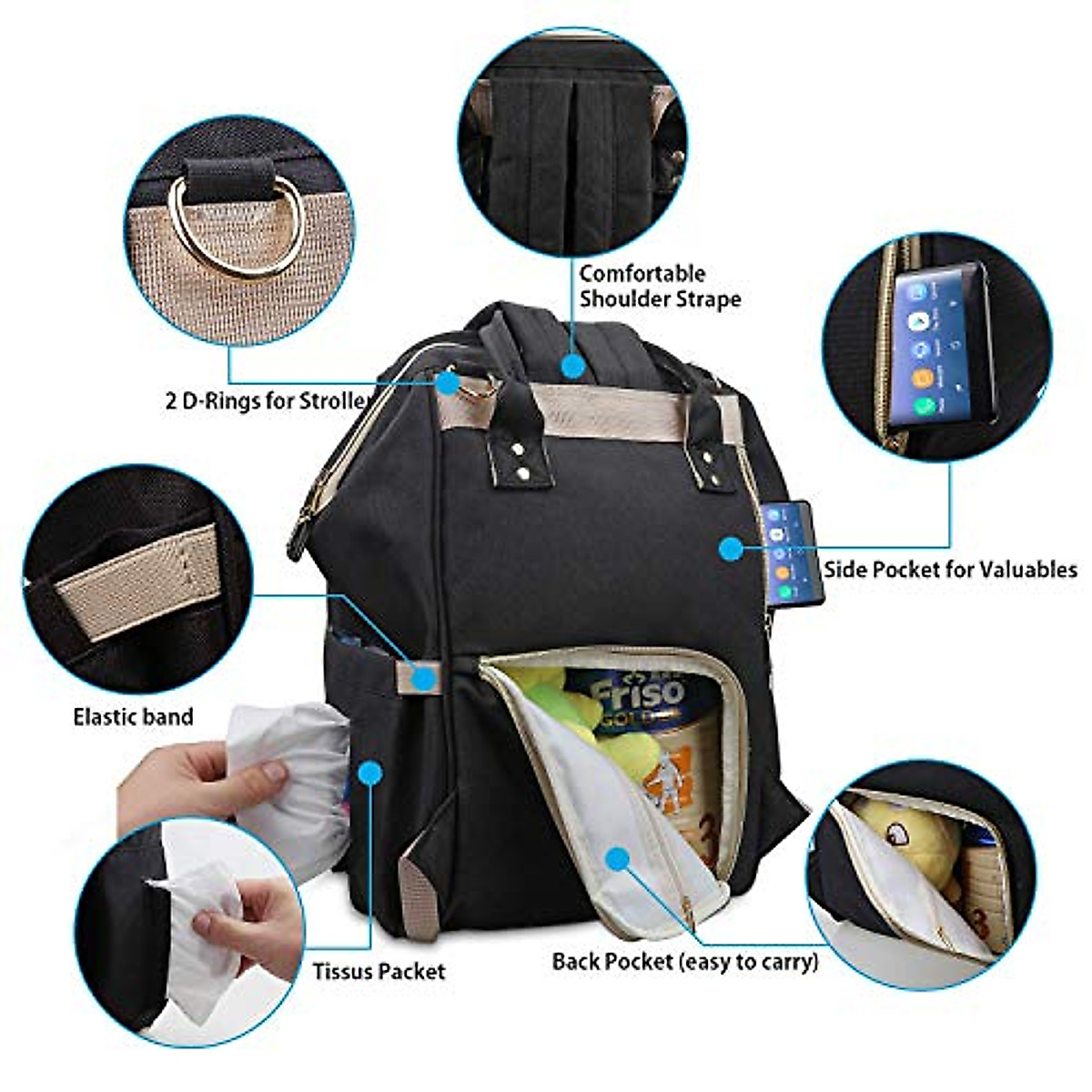 Arolly Multi-Function Waterproof Diaper Bag Travel Backpack Nappy Tote Bags for Baby Care, Large Capacity, Stylish and Durable (Black)