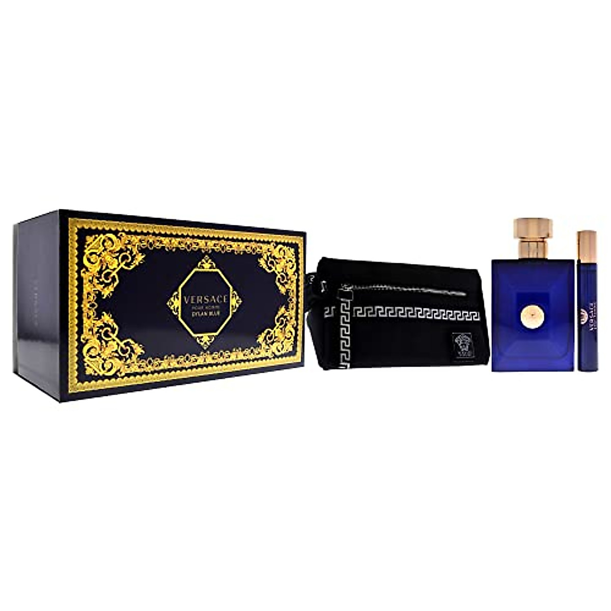Versace Dylan Blue For Men 3 Piece Gift Set (Eau De Toilette Spray, 3.4 Ounce + Travel Spray, 0.34 Ounce + Versace Blue Trousse)