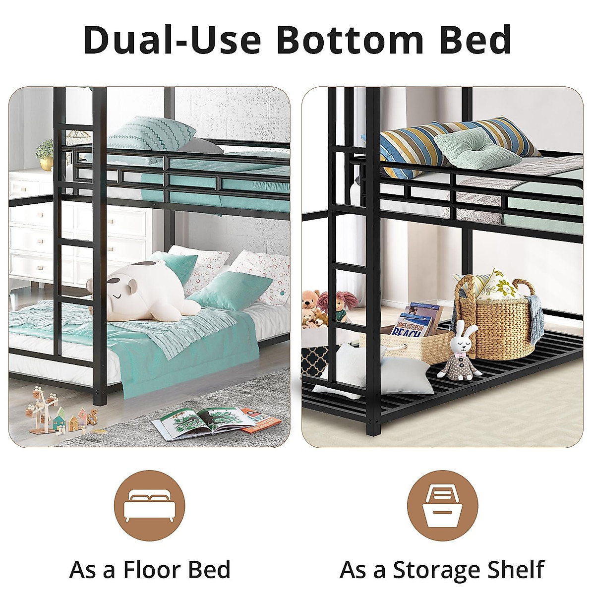 INCLAKE Metal Triple Bunk Bed, L-Shaped Bunk Bed for 3, Twin Size Bunk Bed Frame with Full-Length Guardrails & Long & Short Ladders, Space Saving Bunk Bed for Children, No Box Spring Needed, Black