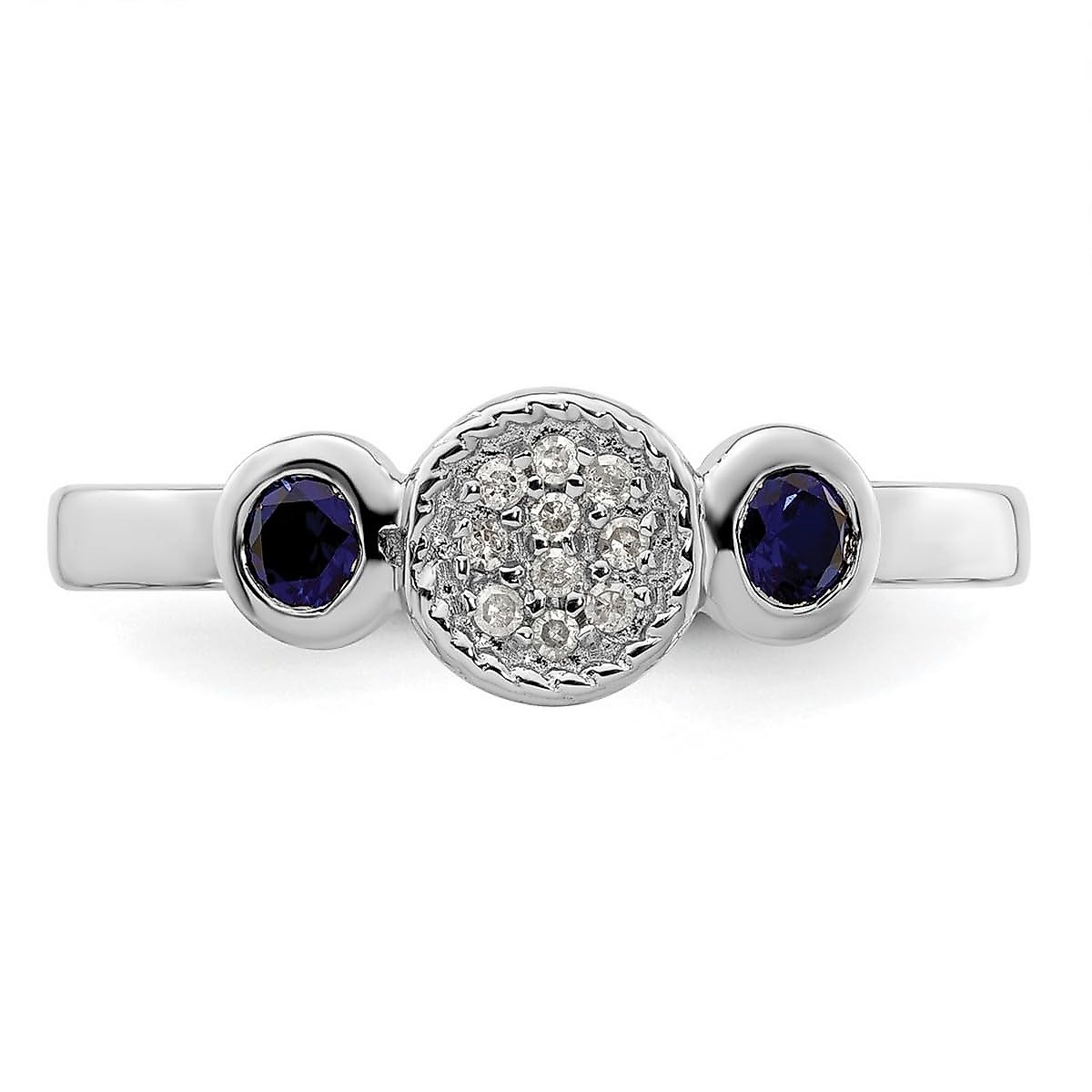 925 Sterling Silver Bezel Polished Prong set Stackable Expressions Db Round Created Sapphire and Dia. Ring Size 8 Jewelry for Women