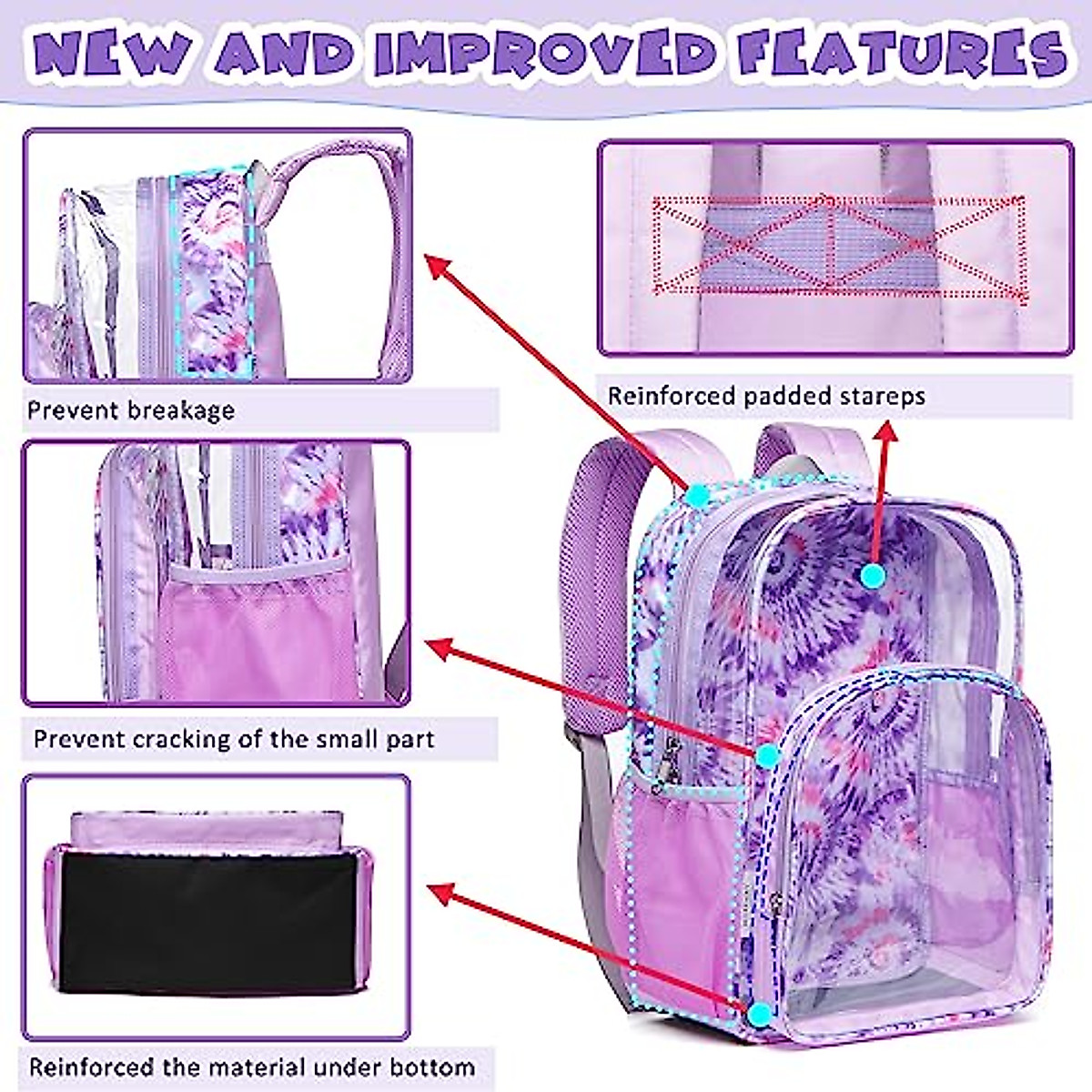 BLUEFAIRY Clear Backpack for Girls Stadium Approved Heavy Duty PVC Transparent Book Bag Cute See Through Bag for School Events Travel Gifts 17 Inch Laege Purple