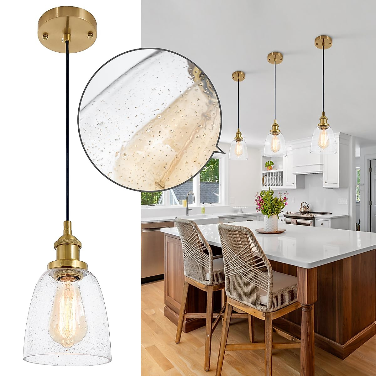 IMPIOIO Gold Pendant Light Seeded Art Glass Shade Mini Modern Hanging Light Fixture for Dining Roon, Over Sink, Hallway, Foyer