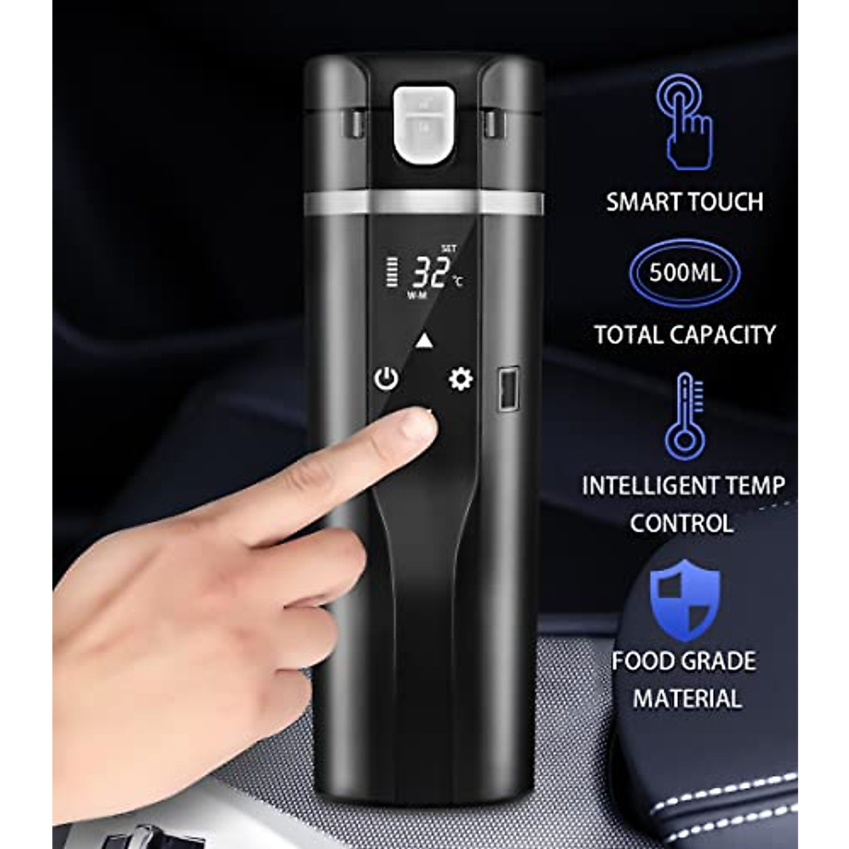 24V/12V Travel Electric Kettle for Car/Truck, 480ml Car Heating Mug with Anti-Spill Lid, Leakproof, 304 Stainless Steel Liner Portable Coffee Tea Cup Up to 100℃ Variable Temp Control Thermos