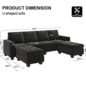 Belffin Velvet U Shaped Sectional Sofa Couch with Storage Ottoman Convertibel Sectional Sofa with Reversible Chaises Grey