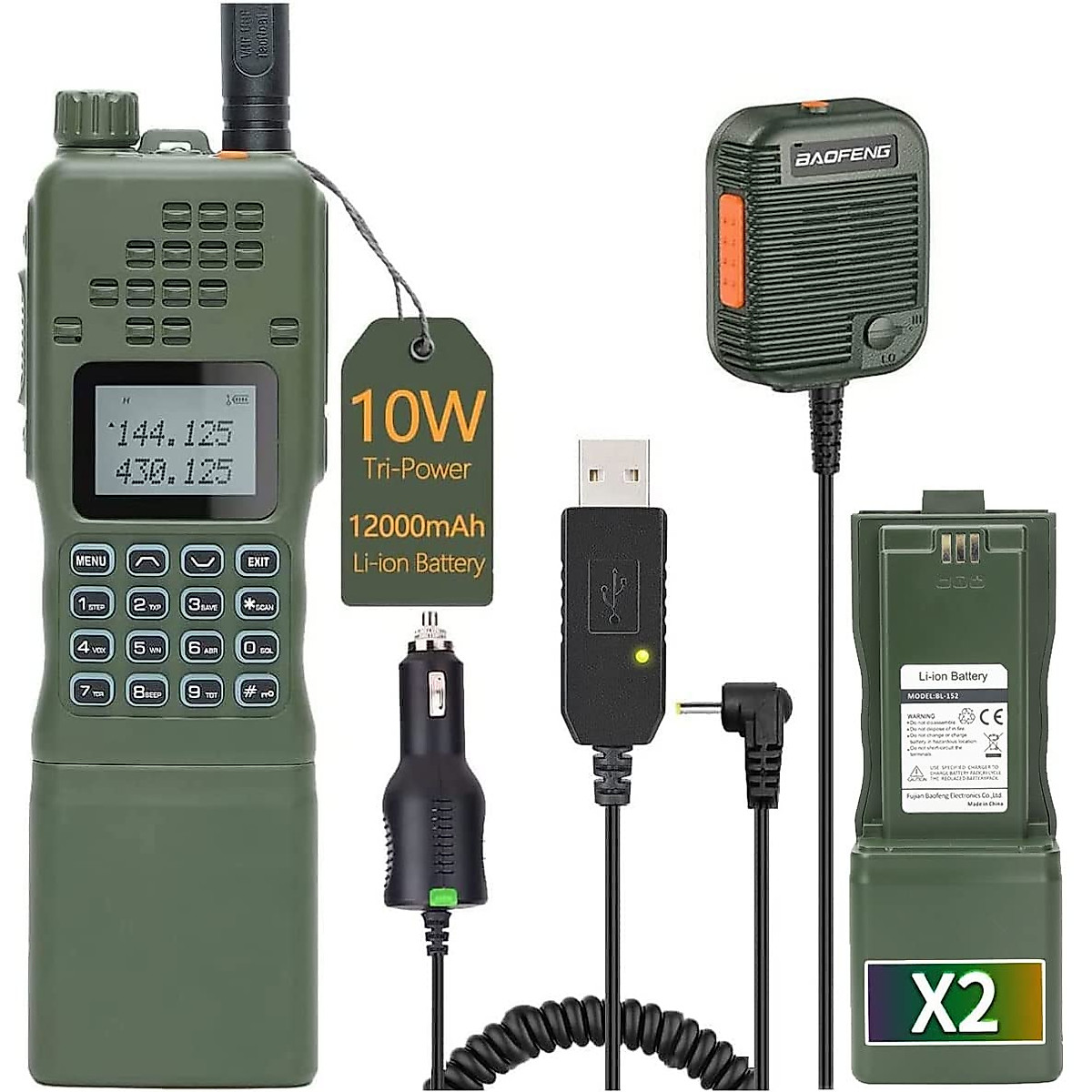 Baofeng AR-152 10W Ham Radio Powerful Military Grade Tactical Long Range Walkie Talkie with Speaker Mic, Car Charger and more 12000mAh Battery Portable Tactical Two Way Radio Full Set