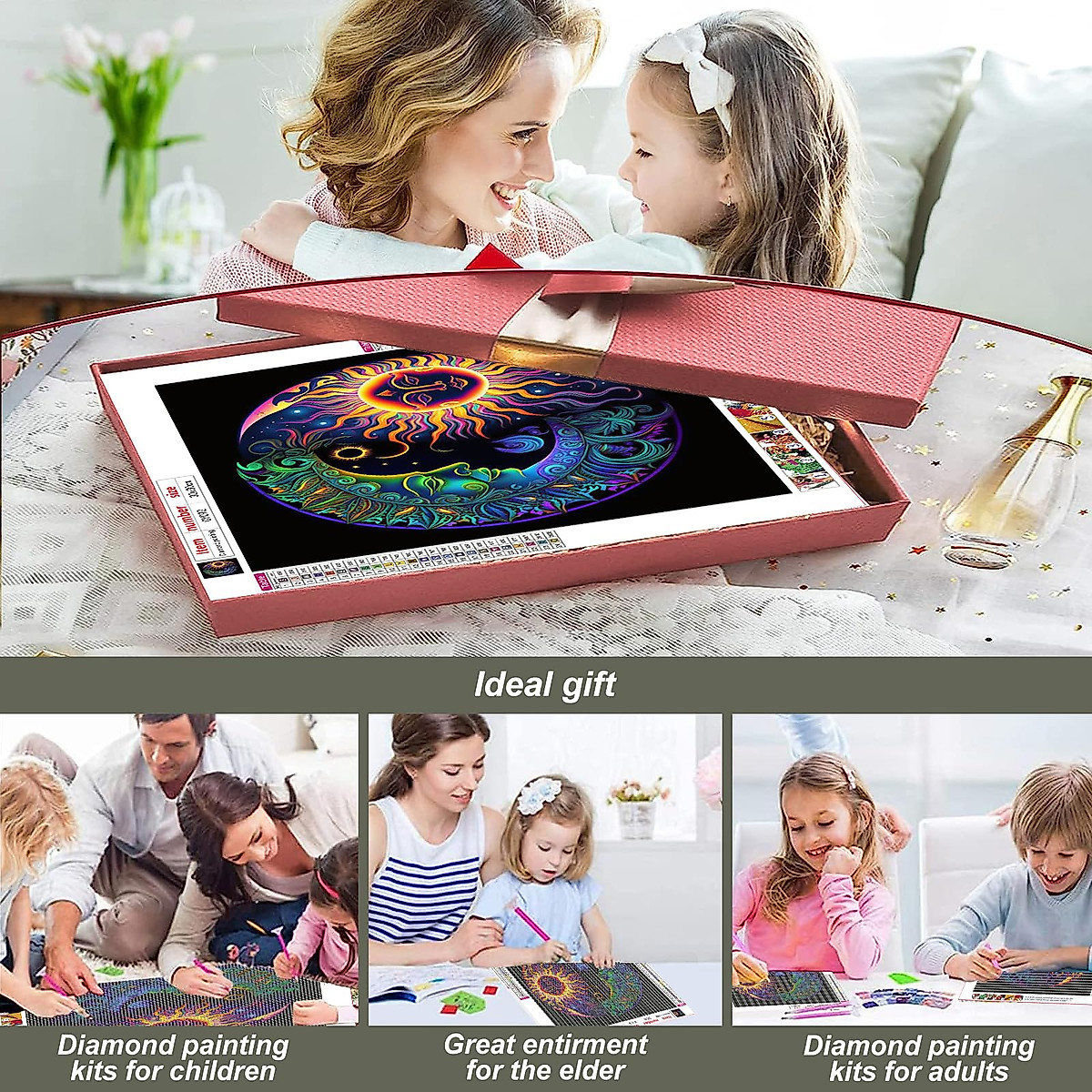 Stalente Diamond Painting Kits for Adults, 5D DIY Diamond Art Kits for Beginners Round Full Drill Diamond Painting for Home Wall Decoration Gift 12×12inch, Sun and Moon