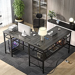 Unikito L Shaped Computer Desk with USB Charging Port and Power Outlet, Reversible L-Shaped Corner Desk with Storage Shelves, Industrial 2 Person Long Gaming Table Modern Home Office Desk, Black Oak