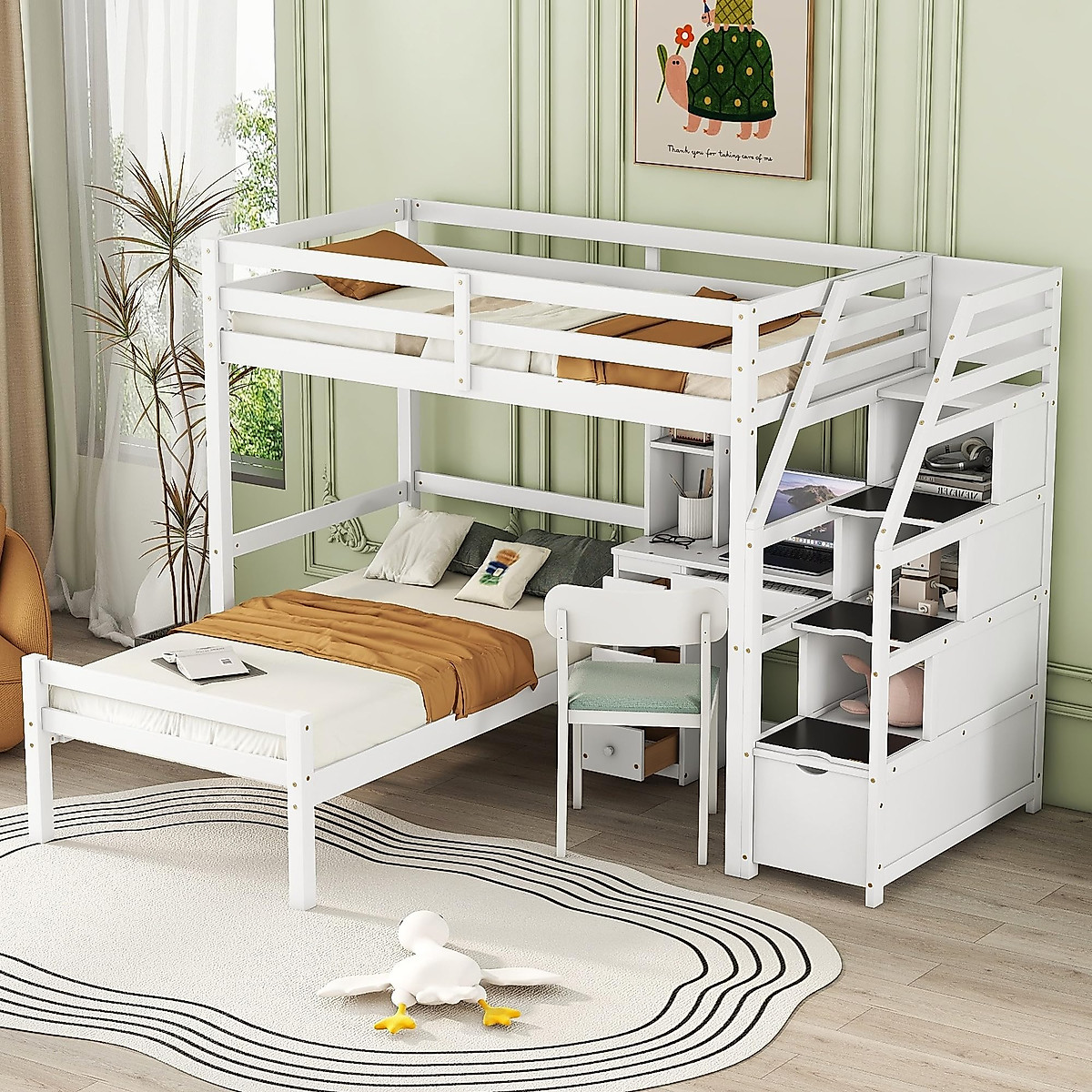Harper & Bright Designs Twin Size Loft Bed with Stairs, Wood Twin Storage Loft Bed with Desk,Shelves and Drawers,Loft Bed Twin with a Removable Bottom Bed for Kids Girls Boys, White