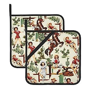 HHYII Western Girl Riding Horse Cactus Vintage Pot Holders for Kitchen,Heat Resistant Pot Holders Sets Oven Hot Pads Terry Cloth Pot Holders for Cooking Baking 2Pcs, Multicolor, One Size