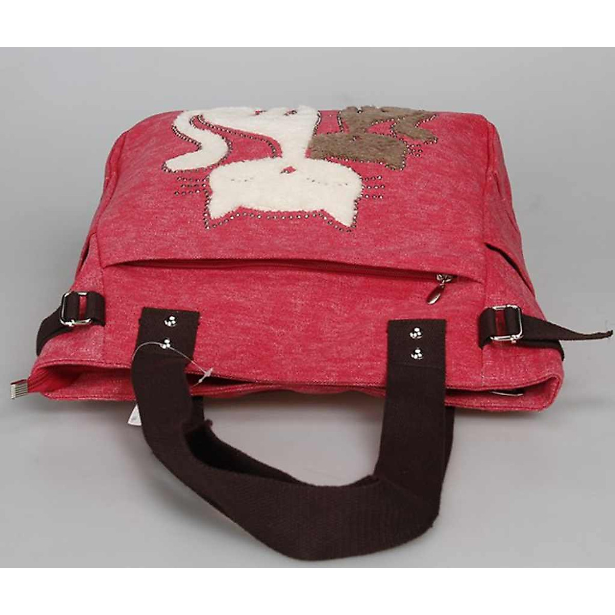 Canvas Tote Handbag for Women Cute Cat Embroidery Shoulder Purse Large Zipper Travel Work Shopping Grocery Bags