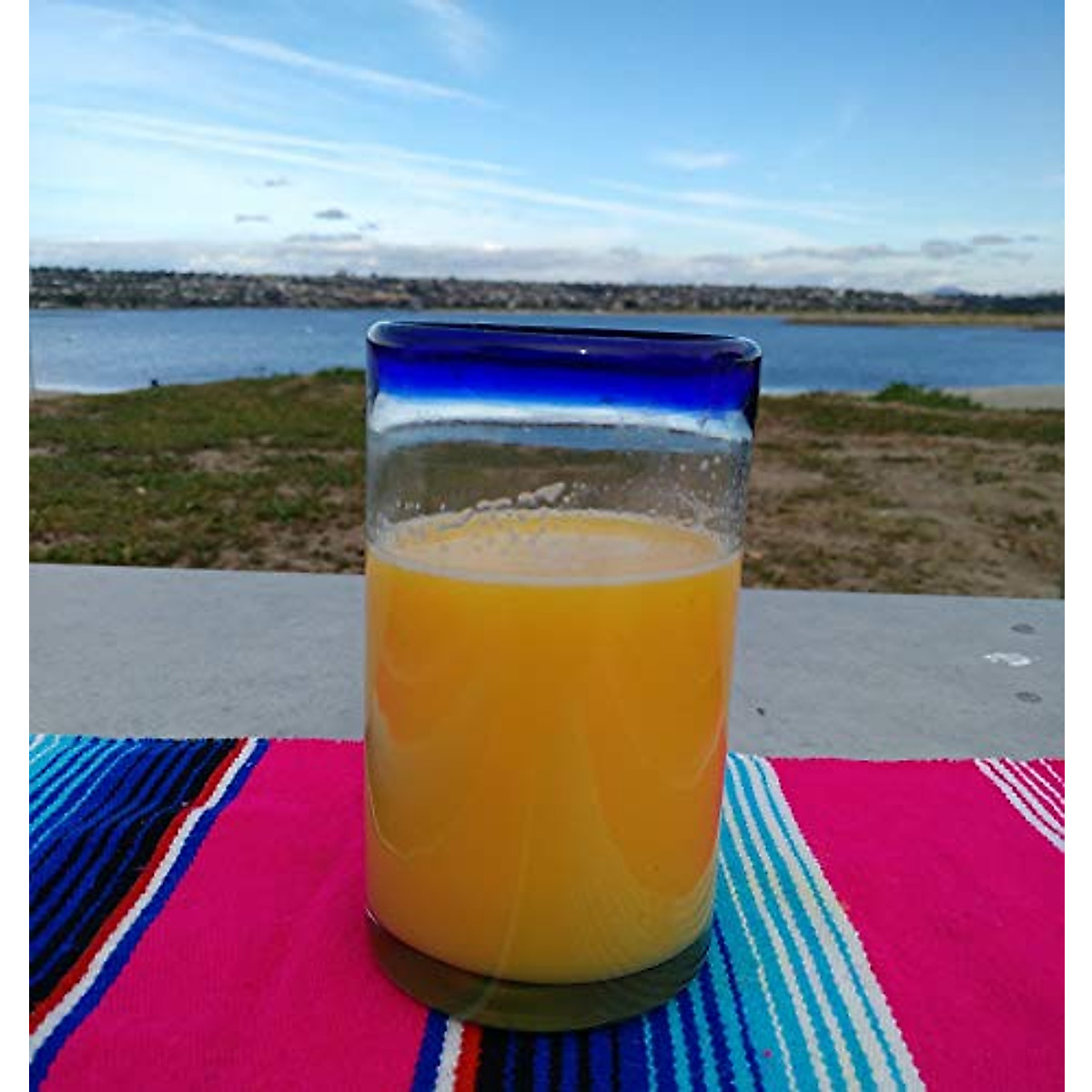 Hand Blown Mexican Drinking Glasses - Set of 6 Glasses with Cobalt Blue Rims (14 oz each)