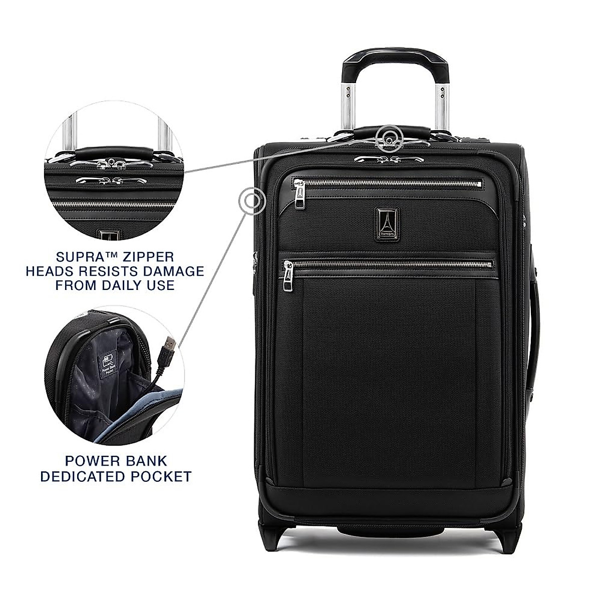 Travelpro Platinum Elite Softside Expandable Carry on Luggage, 2 Wheel Upright Suitcase, USB Port, Men and Women, Shadow Black, Carry On 22-Inch