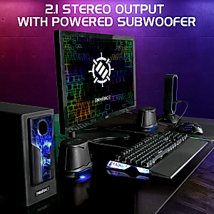 ENHANCE SB 2.1 Computer Speakers with Subwoofer - Blue LED Gaming Speakers, Computer Speaker System, AC Powered & 3.5mm, Volume and Bass Control, Compatible with Gaming PC, Desktop, Laptop