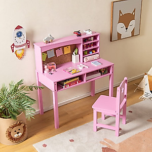 Costzon Kids Desk and Chair Set, Wooden Study Desk for Kids with Storage, Hutch, Cork Bulletin Board, Student Writing Computer Workstation, Kids Desk for Study Room, Bedroom, School, Pink