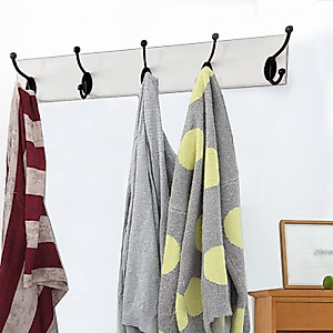 GIFTAYA Wood Coat Rack Wall Mounted - 22 Inches, 5 Hooks, Heavy Duty, for Coat Hat Towel Purse Robes Mudroom (White Base & Black Hook)