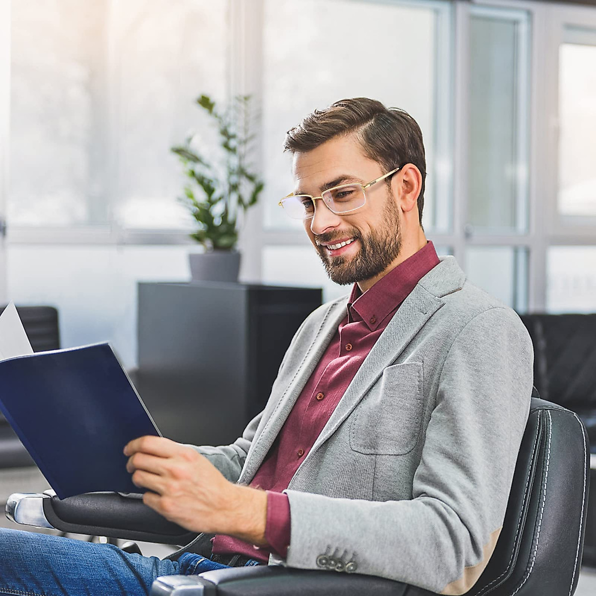 QECEPEI Half Rimless Metal Eyewear Frames Blue Light Blocking Transparent Lens Business Glasses, Shiny Silver