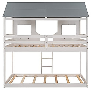 Lepfun Bunk Bed,Twin Over Twin Size Bunk Bed Wood Bed with House-Shaped Roof and Window for Bedroom,Guest Room and Dorm,Wooden Bunk Bed with Guardrail and Ladder,No Box Spring Needed,White