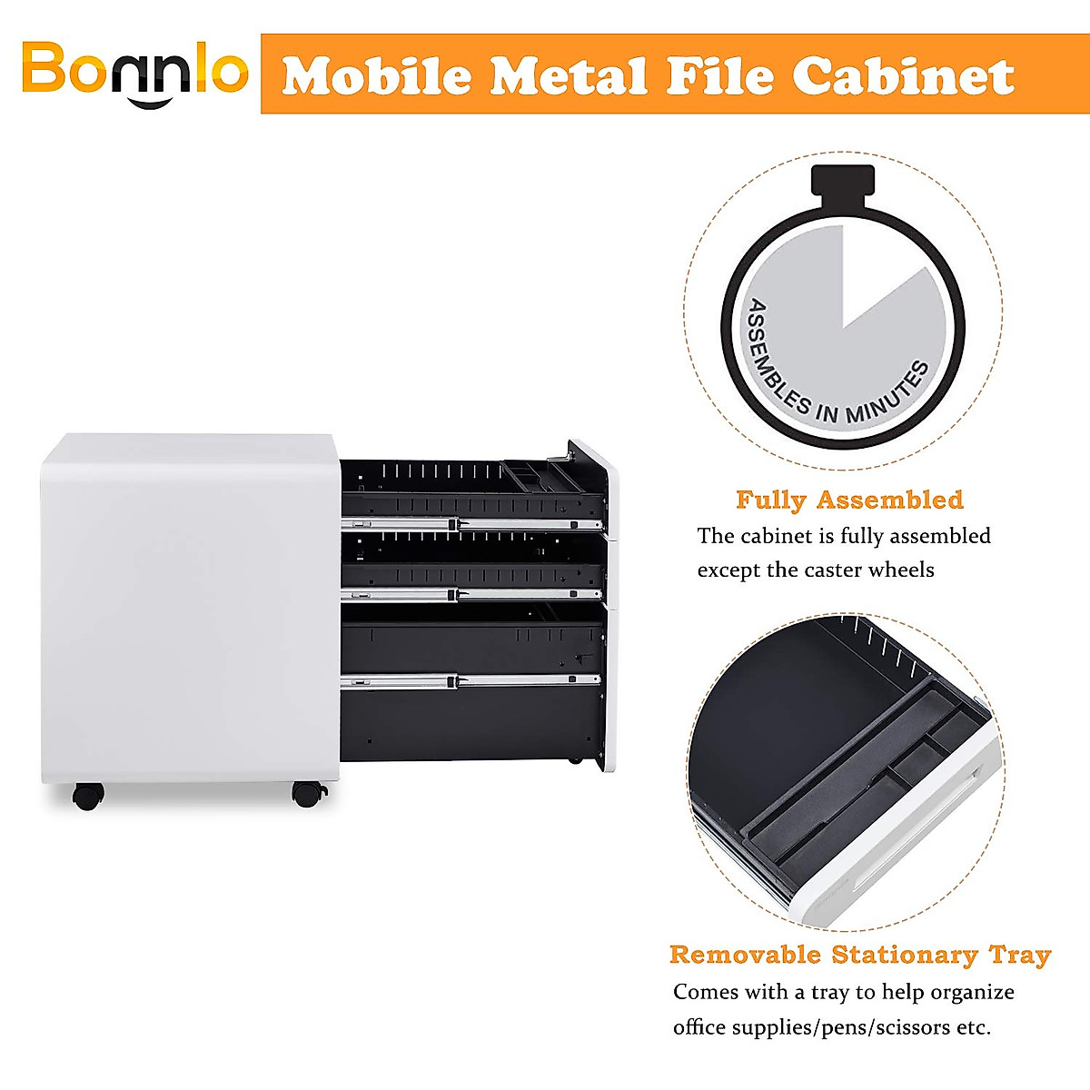 Bonnlo 23.8" H 3 Drawer Rolling File Cabinet with Lock, Mobile File Cabinet Under Desk with Pencil Tray, White Locking File Cabinet for Home Office, Metal Filing Cabinet Printer Stand Fully Assembled