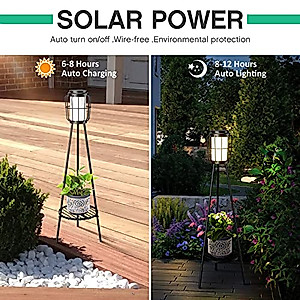 2 Pack Solar Lights Outdoor with Plant Stands, Solar Floor Lamp, Solar Powered Street Lights Metal Tripod Deck Lights for Garden Yard Pathway Driveway Porch