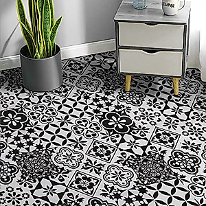 Peel and Stick Floor Tile Black and White Vinyl Flooring 7.87in X 7.87in Peel and Stick Tiles for Kitchen Bathroom, 30 Different Pattern