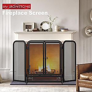 Mr IRONSTONE 3 Panel Fireplace Screen 51.5" W x 32.5" H Modern Foldable with Wrought Metal Decorative Mesh, Heavy Duty Fire Spark Guard Cover for Home Decor Indoor, Black