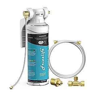 Frizzlife Inline Water Filter System for Refrigerator, Ice Maker, Under Sink, Certified 0.5 Micron Reduces Chlorine, Lead, Long Lasting, Compression Brass Fittings Fits for Copper Tubing, MS99