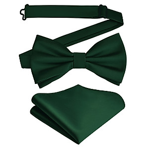 Branduce Mens Solid Dark Green Bow Tie and Pocket Square Set for Wedding Pre-tied Adjustable Satin Silk Forest Green Bowtie Handkerchief (BB01-29)